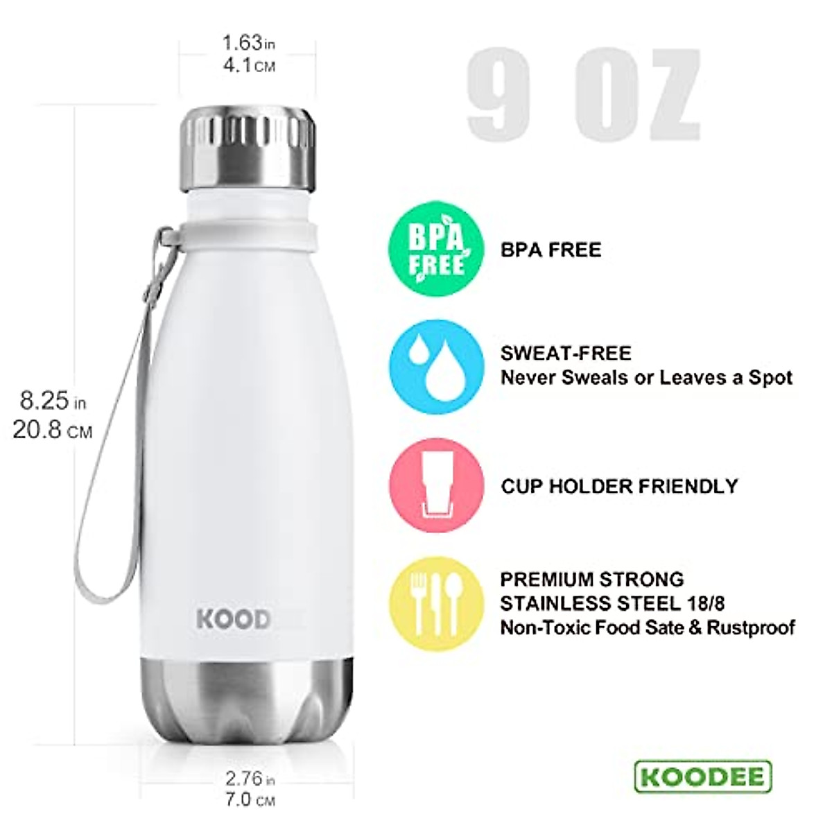koodee Water Bottle-9 oz Stainless Steel Double Wall Vacuum Insulated Water Bottle, Cola Shape Leak Proof Sports Bottle for School (White)