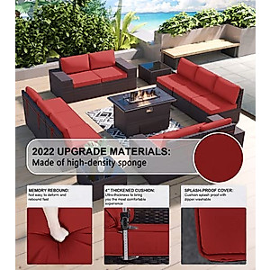 Kullavik 13PCS Outdoor Patio Furniture with 43" 55000BTU Gas Propane Fire Pit Table PE Wicker Rattan Sectional Sofa Patio Conversation Sets,Red