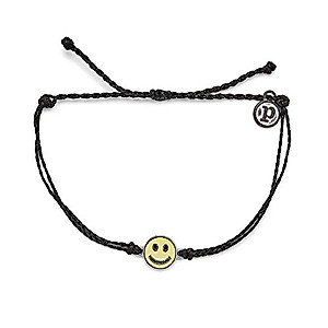 Pura Vida Enamel Happy Face Bracelet - 100% Waterproof, Adjustable Band - Plated Brand Charm, Black
