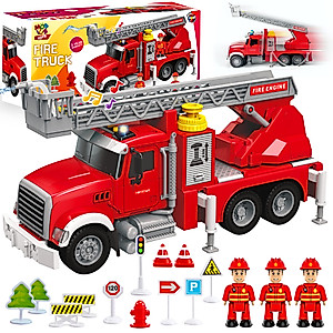 Fire Truck Toy Set for Kids - Fire Engine Truck with Water Spraying Hose, Rotating Ladder + 3 Fireman Firefighters, Road Signs, Lights & Sounds – Toy Fire Truck for Boys Age 4-7, Girls 3 Years Old+