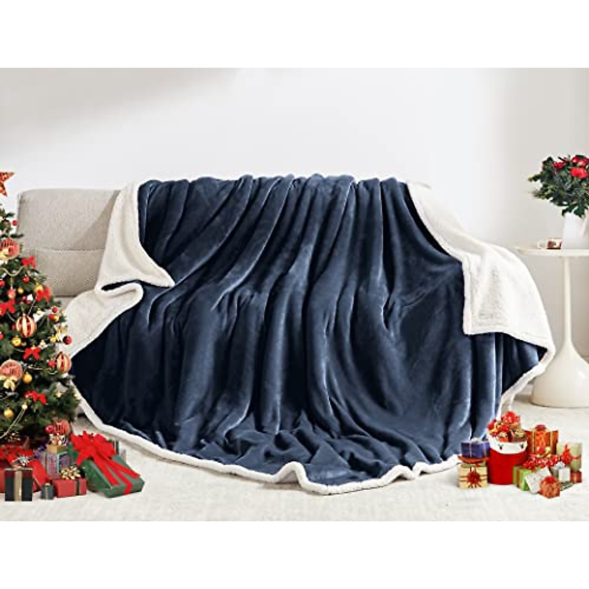 BEAUTEX Sherpa Fleece Throw Blankets, Soft Fluffy Flannel Plush Blanket and Throw, Fuzzy Cozy Blue Cuddle Blankets for Couch Bed Sofa Adults (50" x 60", NavyBlue)