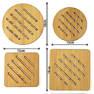Alfto Hot Pads Trivet,Table Solid Bamboo Wood Trivets for Hot Dishes and Pot with Non-slip Pads Heat Resistant Pads Teapot Trivet 4pcs(Multi Size,2 Square 2 Round)