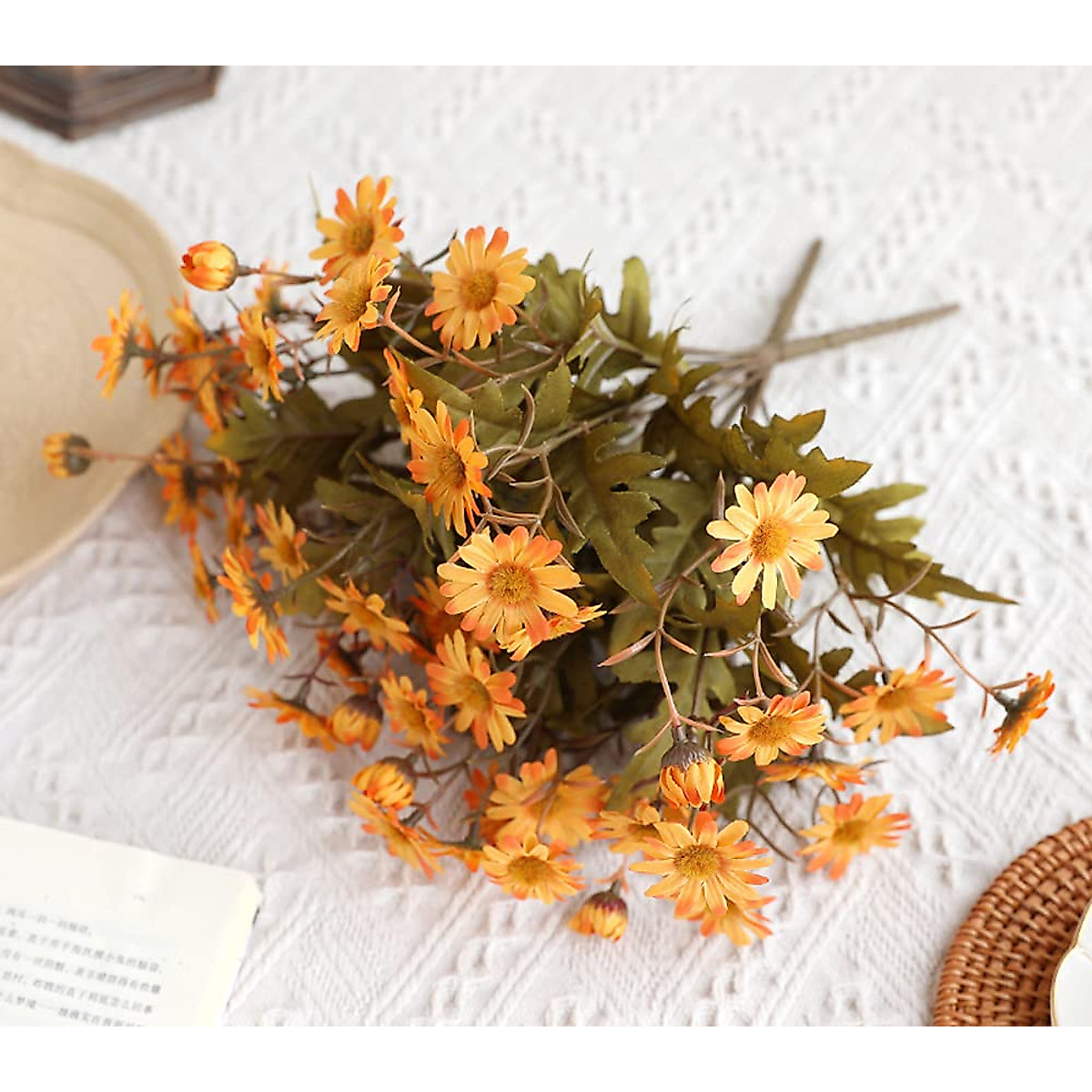 2 Pcs Artificial Flowers, Artificial Daisy Flowers Bulk 14 Inches Long Artificial Silk Flowers Bouquet Realistic Fake Flowers for Wedding Bouquets Home Party Office Grave Christmas Decor(Orange)