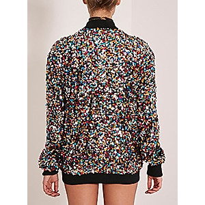 Cresay Women's Sequin Fitted Long Sleeve Zipper Blazer Bomber Jacket Rainbow 3XL
