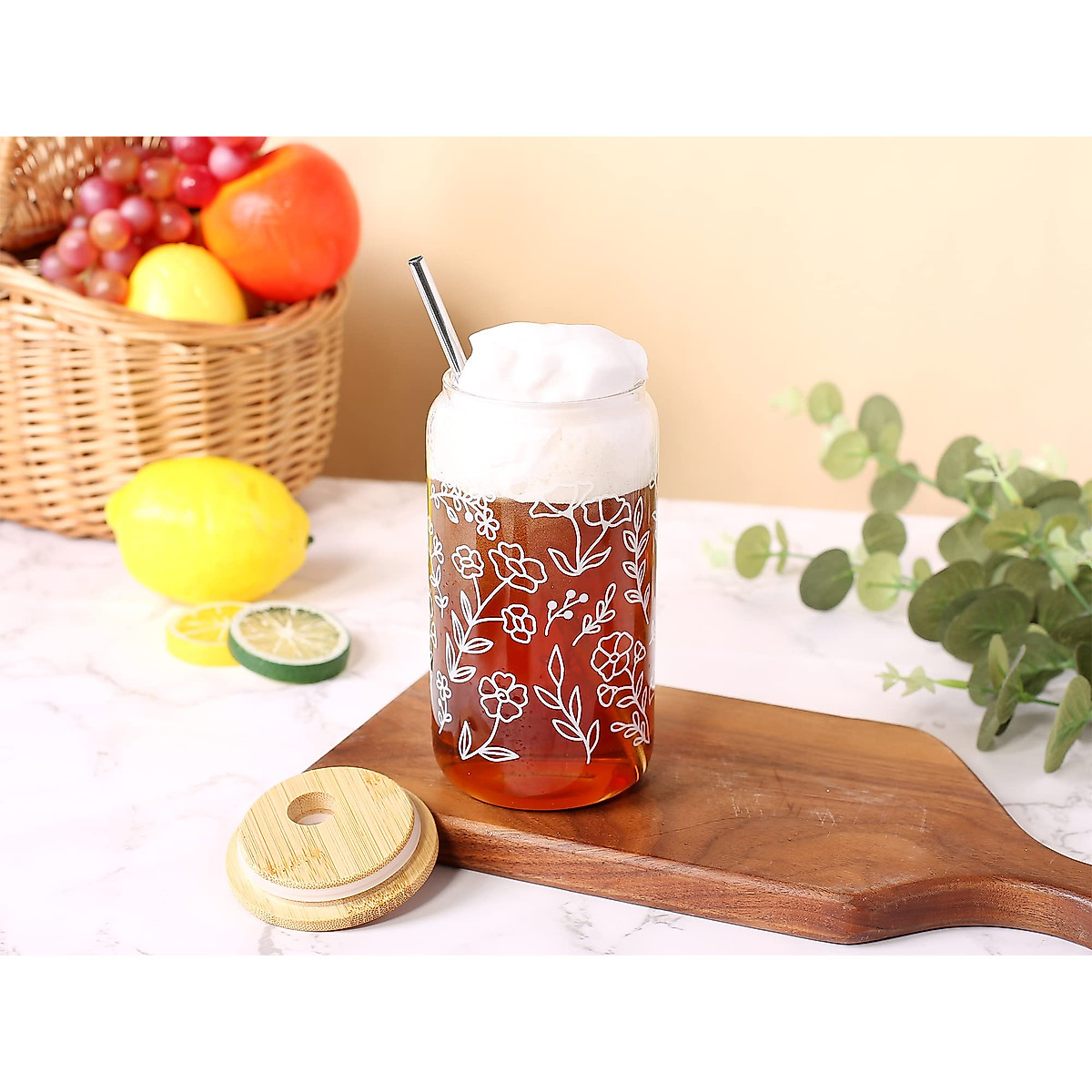 Floral Iced Coffee Cup - Cute Glass Coffee Cups with Lids and Straw - Flower Aesthetic Beer Tumbler, Can Shaped Drinking Glasses, Birthday Christmas Gifts for Women, Mom, Aunt, Wife - 16 oz Can Glass