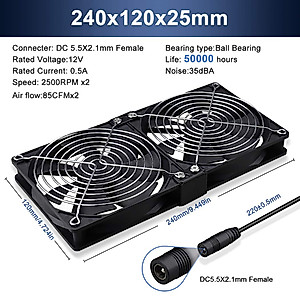 Wathai Big Airflow 2 x 120mm 240mm Computer Fan with AC Plug Cabinet Fan 110V 240V AC Power Supply, Speed Controller 3V to 12V, for Mining Machine Chassis Server Workstation Cooling