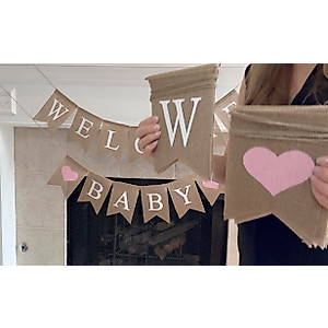Shimmer Anna Shine Welcome Baby Burlap Banner for Baby Shower Decorations and Gender Reveal Party (Light Pink Hearts)