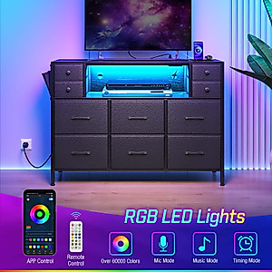 Rolanstar Dresser with Power Outlets and LED Lights, 10 Drawers Dresser with Side Pocket, Fabric Chest of Drawers with PU Finish, TV Stand with Wood Top for up to 55inch TV, Black,XL