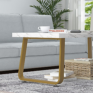 HSH White Marble Coffee Table, Modern Faux Marble Living Room Table, Wood and Metal Legs Center Table, Fashion Rectangular Tea Table for Office Minimalist Cocktail Table, White Marble and Gold, 47 in