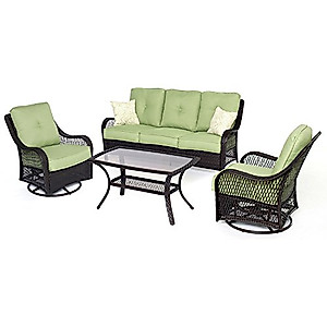 Hanover Orleans 4-Piece Steel Outdoor Patio Set Outdoor Patio Deep Seating Set with Brown Wicker, Sofa, Avocado Green Cushions, 4 Pillows and Glass Top Rectangular Coffee Table