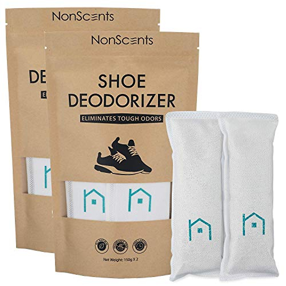 NonScents Shoe Deodorizer (4-Pack) - Odor Eliminator, Freshener for Sneakers, Gym Bags, and Lockers