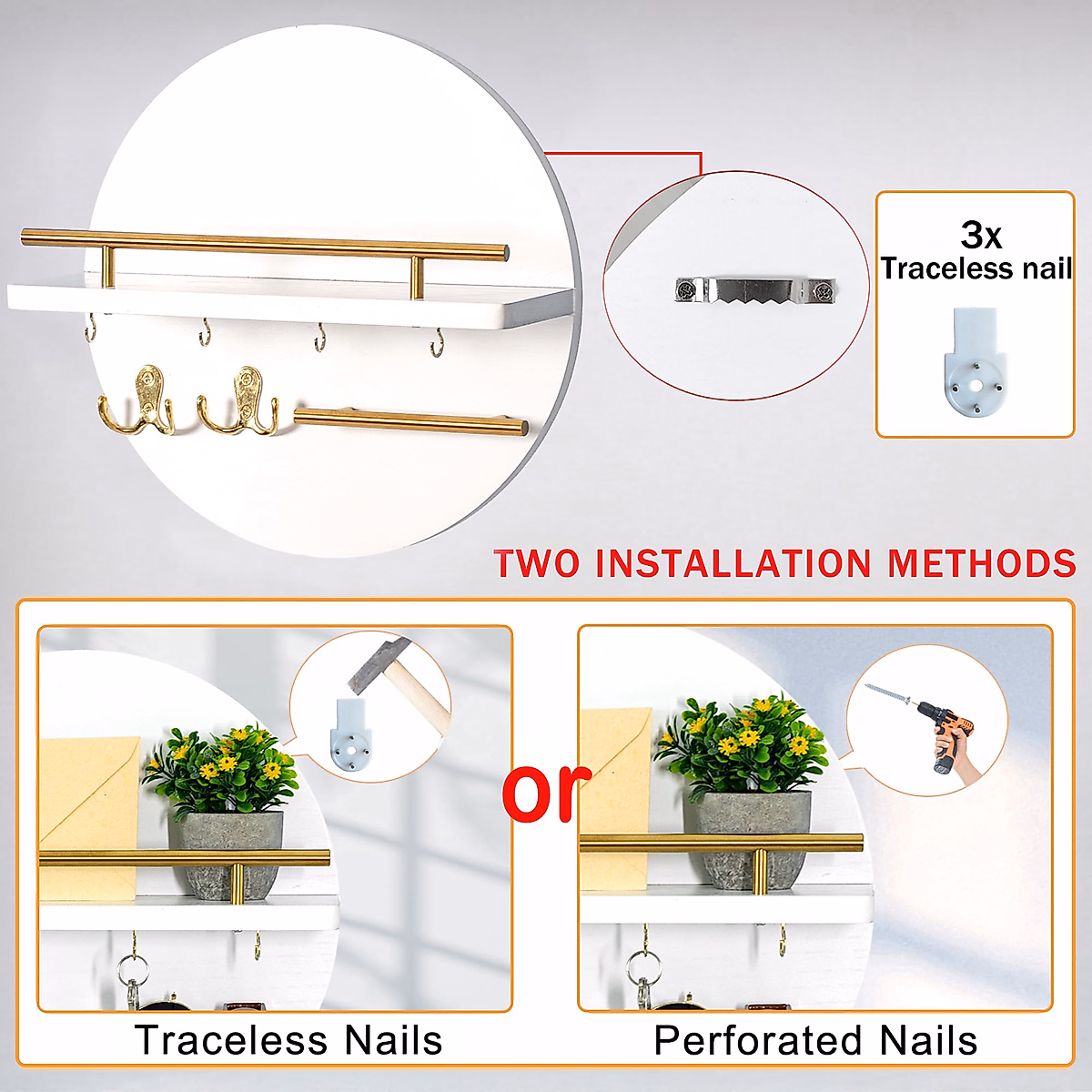 Key Holder for Wall Decorative with Shelf and Hooks, Mail Organizer Wall Mount with Sunglasses Holder, Circular Design Entryway Key Rack Hanger, Rustic Home Decor Boho Wall Decor (White)