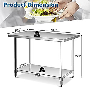 Giantex 48 x 30 Inches Stainless Steel Food Prep Table, Heavy Duty Commercial Kitchen Metal Table with Adjustable Lower Shelf and Plastic Feet, Steel Work Prep Table for Restaurant Home