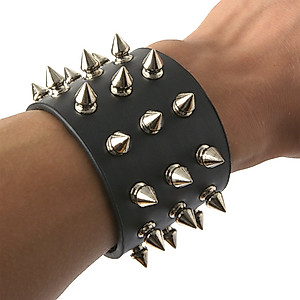HZMAN Unisex Black Metal Spike Studded Punk Rock Biker Wide Strap Leather Bracelet (5cm Wide - Spike Black)