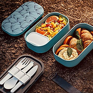 Bentofit Premium Bento Box Adult Lunch Box - 45oz 2-Compartment Container with Cutlery & Sauce Holder for Convenient On-the-Go Meals, Microwavable (Wathet Blue)