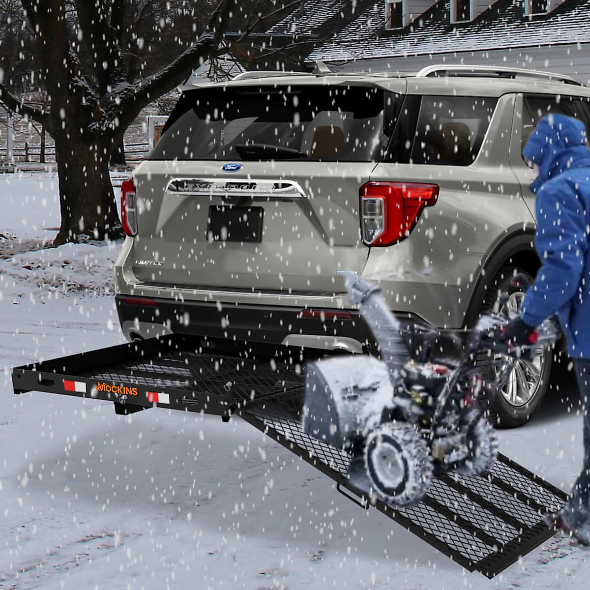 Mockins 500lb Cap. Folding Trailer Hitch Cargo Carrier Rack with Ramp |48"Lx28.5"Wx4.5"H Wheelchair Rack for Car |Heavy Duty Steel Mobility Scooter Carrier with Ramp | Wheelchair Carrier for Car Hitch