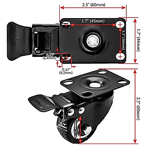 FactorDuty 4 Pack Combo 1.5 inch Caster Wheels 2 Rigid Non Swivel Fixed Stationery & 2 with Brake Swivel Plate All Black Polyurethane Wheels Non Marking No Noise 75lb Per Wheel