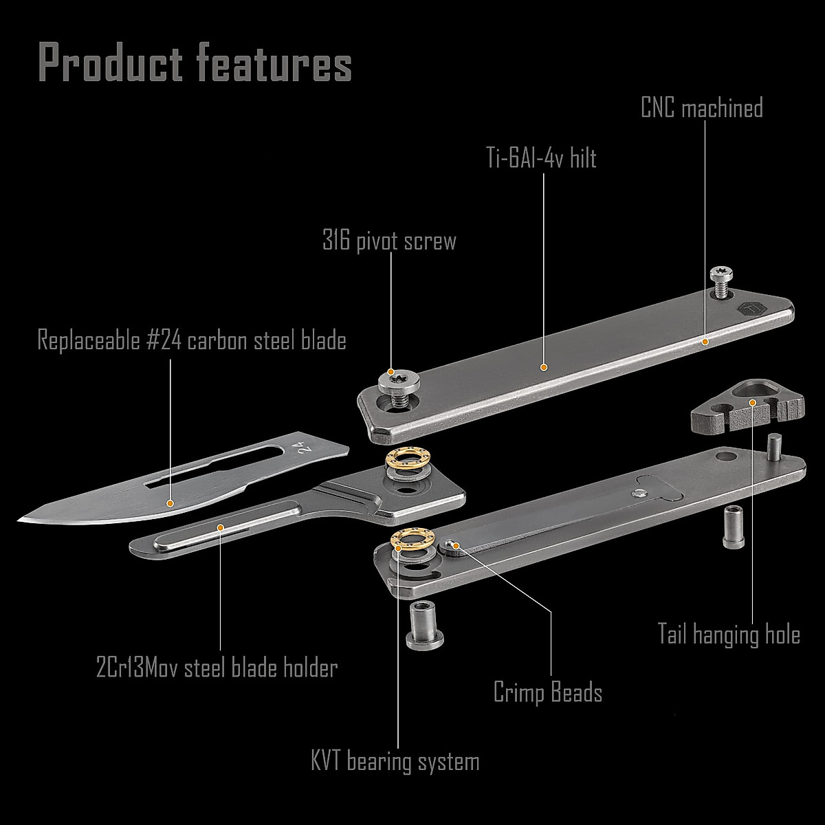 KeyUnity KK02 Titanium Flipper Pocket Knife, Quick Open Keychain Folding Knife with #24 Replaceable Blades for Everyday Carry (Sandblasted)
