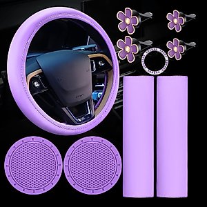 Frienda 10 Pcs Leather Steering Wheel Cover Set for Women 14.5-15 Inch Car Accessories with Seat Belt Shoulder Pad Seatbelt Cover Cup Holder Start Button Ring Sticker Air Vent Clip(Purple)