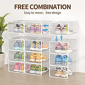 Gardace 12 Pack Shoe Storage Boxes，Clear Plastic Stackable Shoe Organizer for Closet，Foldable Shoe Rack Sneaker Container Bins Holders，with Yellow Door Handle