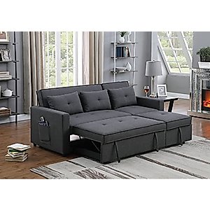 TUTB 80'' L-Shape Convertible Sleeper Sectional Sofa with Pull-Out Recliner and Bed, Side Pocket, Linen Corner 3 Person Couch for Home Furniture, Living Room, Apartment, Dorm, Dark Gray, 80