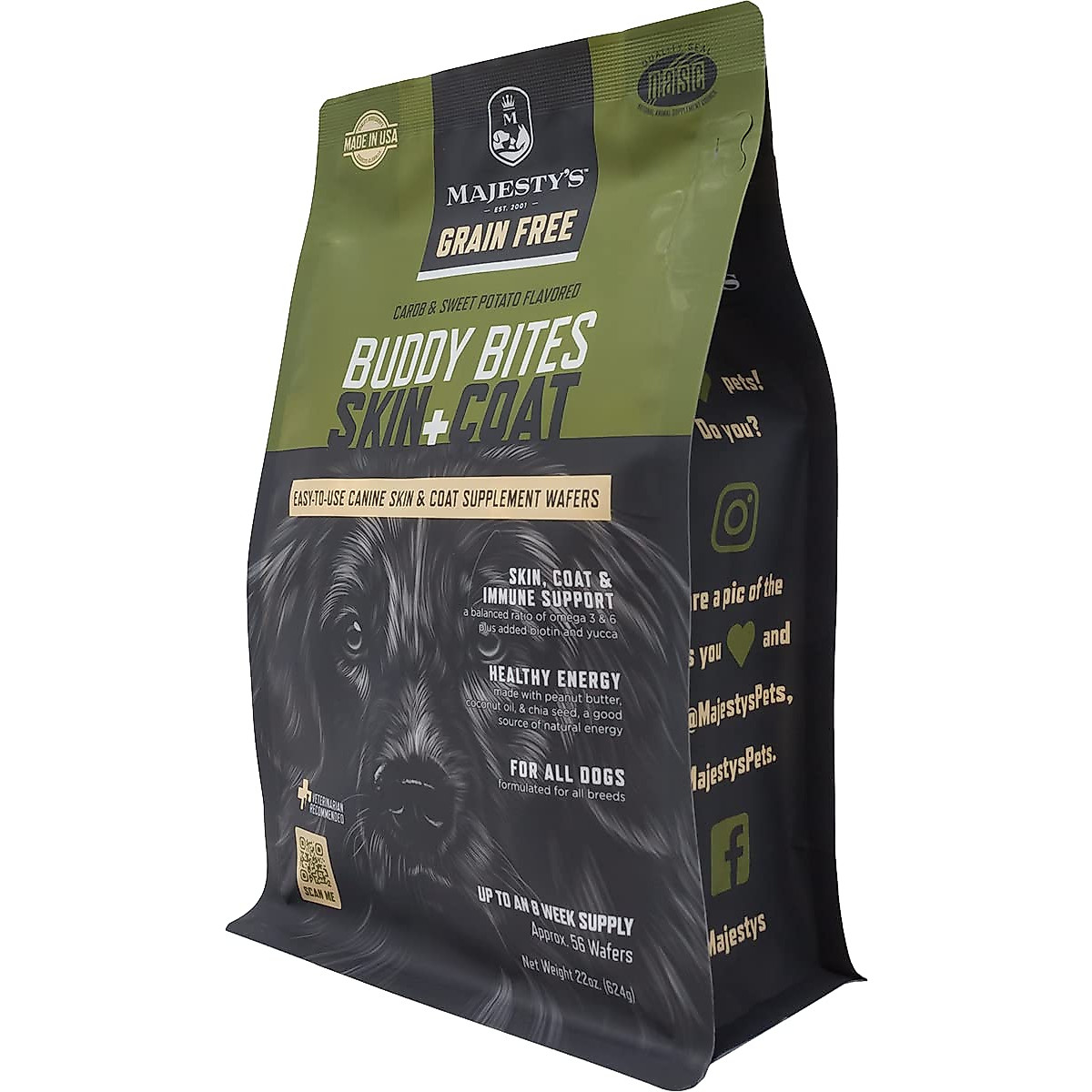 Majesty's Grain-Free Buddy Bites Skin and Coat Wafers for Medium / Large Dogs - Superior Skin, Coat, and Immune Support Supplement - Carob and Sweet Potato Flavored - 56 Count (Up To 8 Week Supply)
