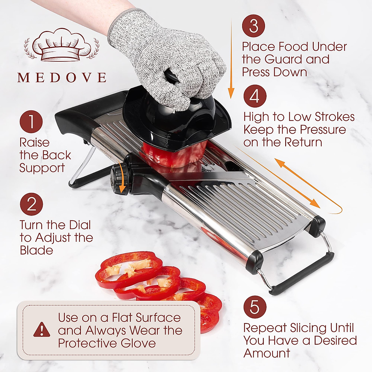 Mandoline Slicer – 6-Setting Adjustable Mandoline Slicer for Kitchen, 16.5 x 5 In. Platform, Hand Guard, Cut-Resistant Gloves – Vegetable Chopper, Meat Slicer, Cheese Slicer by Medove