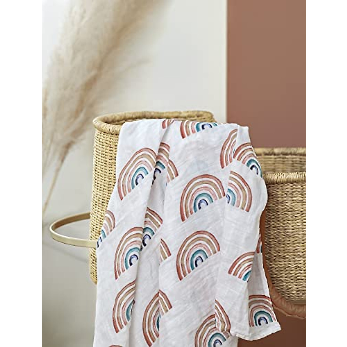 Miaoberry Organic Muslin Baby Swaddle Blanket and Hat Set Newborn Unisex Neutral Boy Girl| Boho Rainbow |Photo Props Birth Announcement Card