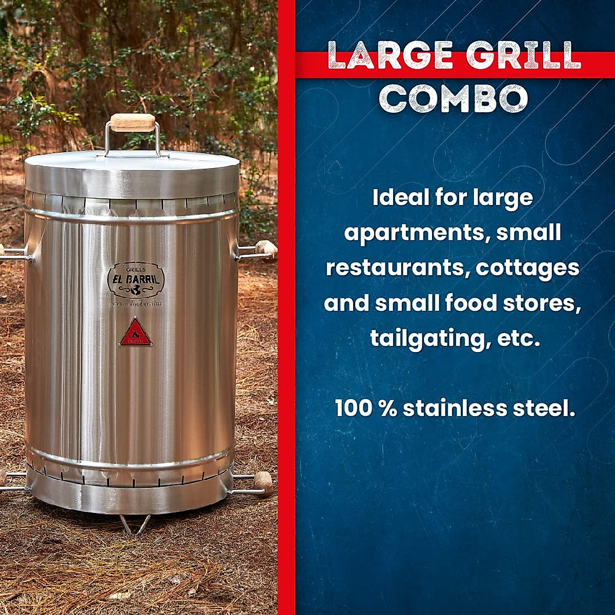 EL BARRIL Grill & Smoker Barrel LARGE Basic Combo| 100% Stainless Steel Barrel with 4 accessories| You can Grill, Smoke, Roast and Bake| Smokeless, Even Heat Distribution & Perfect for Your Meats