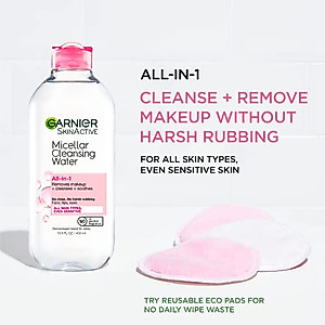 Garnier Micellar Cleansing Water, All-in-1 Makeup Remover and Facial Cleanser, For All Skin Types, 3.4 Fl Oz (100mL), 1 Count (Packaging May Vary)