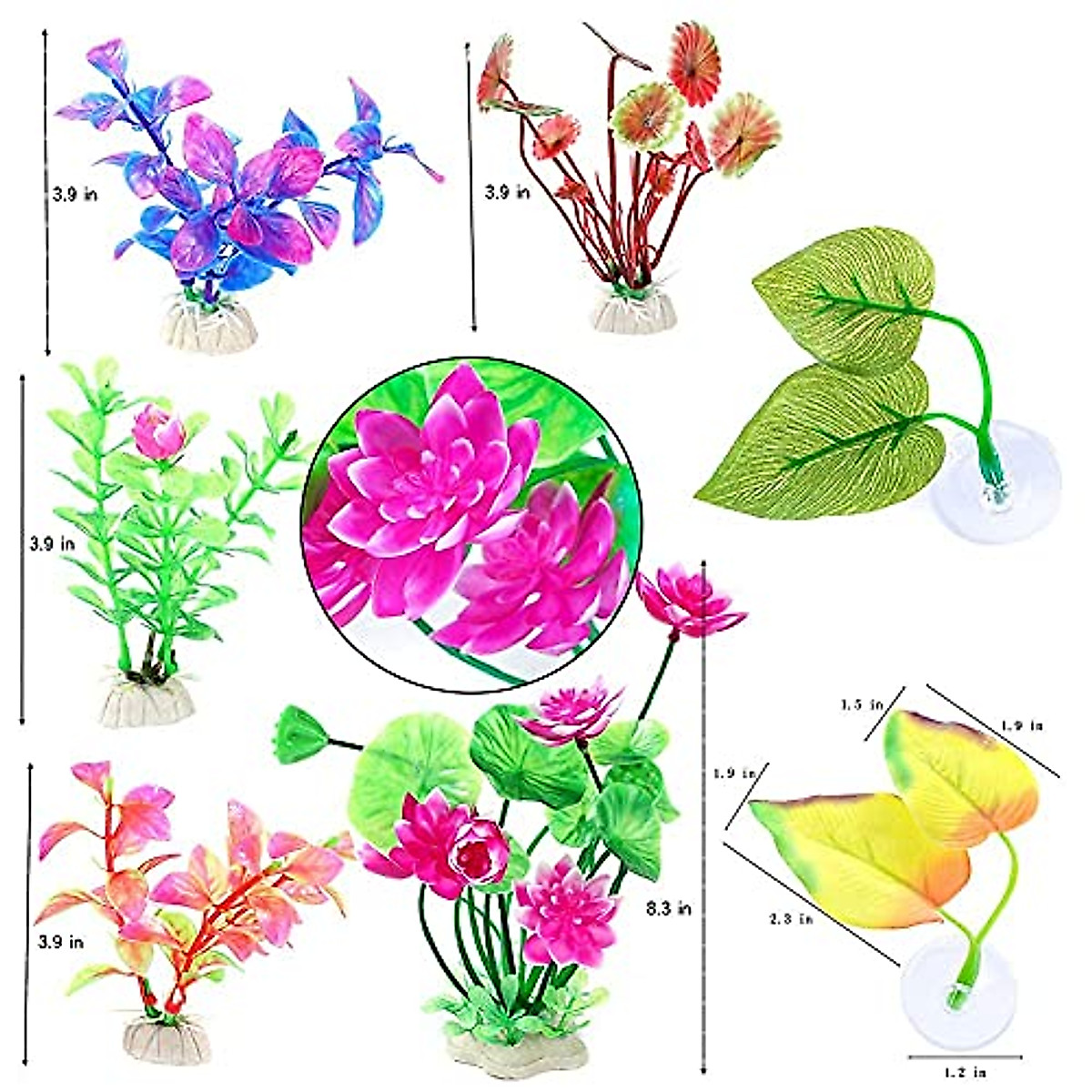 Aquazone 7 PCS Aquarium Decor Variety Pack, Bi-Leaf Betta Hammock Soft for Hiding Bubbling Snuggling Spawning Resting Spot, Aquarium Lifelike Plants, Great Valued Premium Aquarium Decoration Set