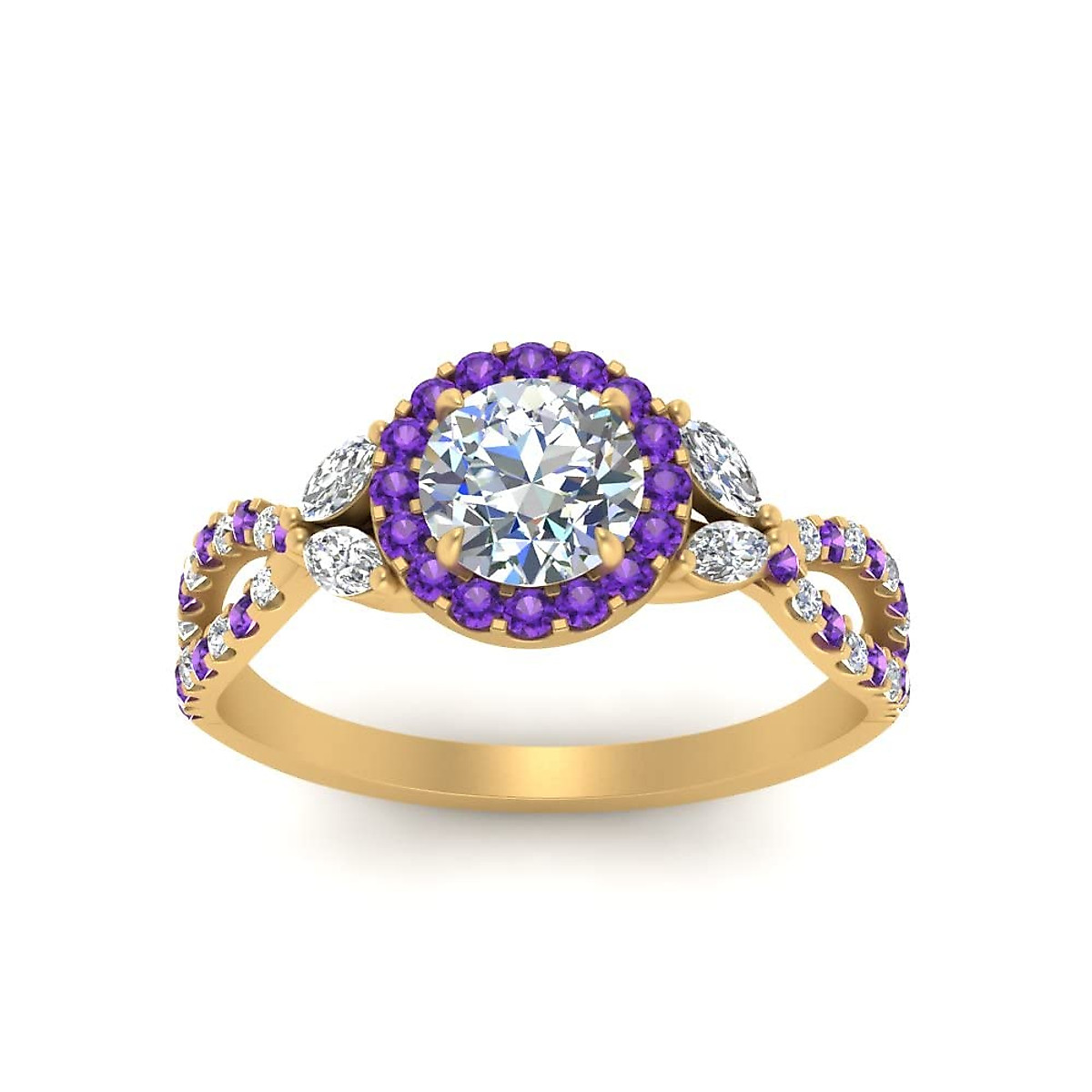 Gemsonclick Floral Split Shank Halo Engagement Ring yellow gold plated Natural Amethyst Round shape purple color Halo Engagement Rings prong setting. in Size 4 Fashion Jewelry