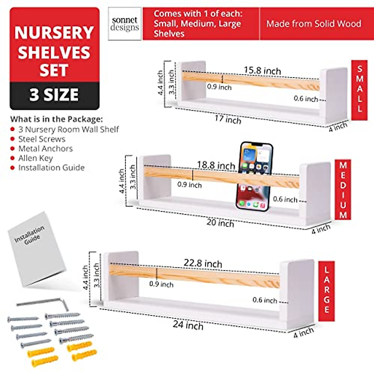 SONNET DESIGNS White Floating Bookshelf 3 Pack for Nursery Decor Wall Mount Book Shelves for Kids Room Toddlers Toys 24 Inch Usable in Home, Kitchen, Bathroom, Floating Wall Ledge for Nursery