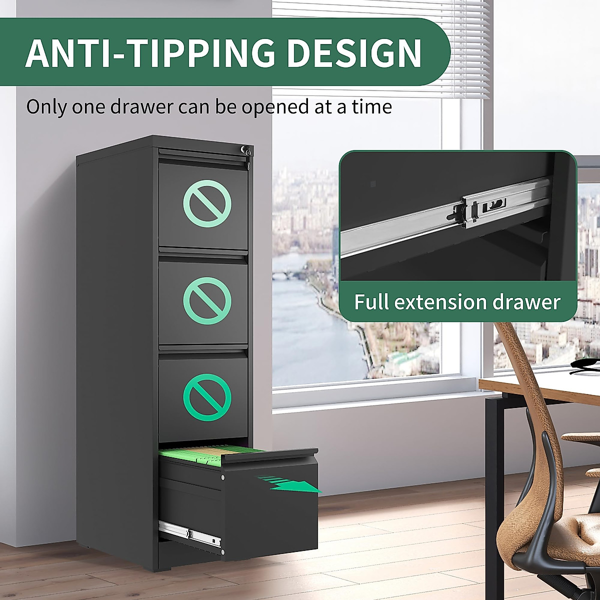 VIYET 4 Drawer File Cabinet, Metal Vertical File Cabinets with Lock for Home Office, Heavy Duty Office Steel Filing Cabinet for Hanging Files for A4/ Legal/Letter,Assembly Required (Black)