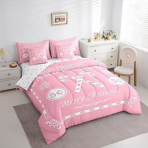Feelyou Christmas Bedding Set 7 Pieces King Size Kids Christmas Quote Bedding Set Teens Candy Canes Print Comforter Set Xmas Pink White Bed in a Bag （Comforter, Sheets, Pillowcases & Cushion Covers）