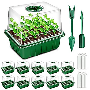 YAUNGEL Seed Starter Tray, 10 Pack 120 Cells Thicken Seed Starting Trays Kit with Humidity Dome/Heightened Lids Growing Trays for Greenhouse & Gardens, Green