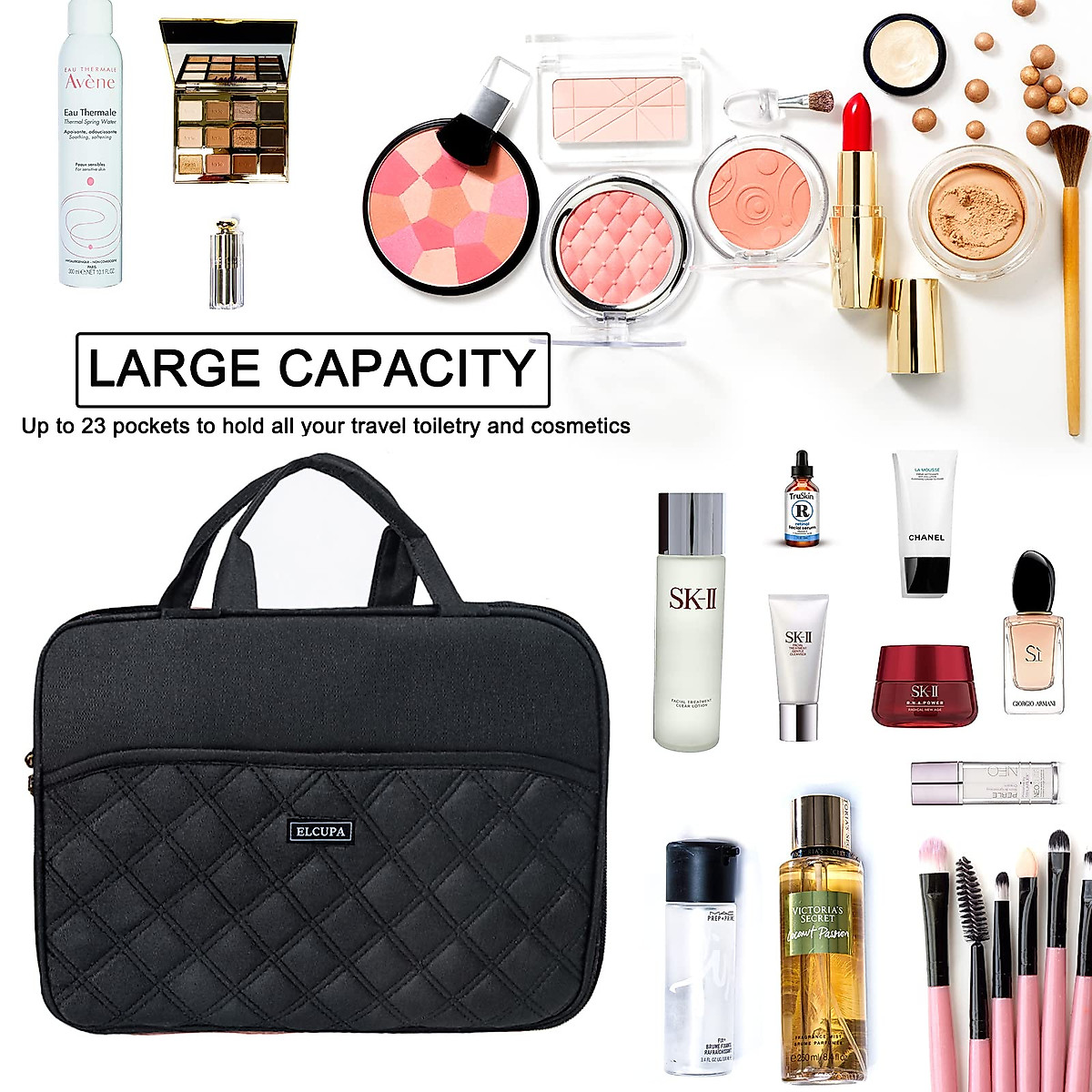 ELCUPA Travel Toiletry Bag, Travel Makeup Bag Organizer, Travel Size Toiletries Bag, Stand Up Cosmetic Bag for Travel Accessories, Full Sized Container, Black