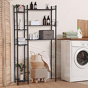 HYCFYJR Over The Toilet Storage with 7 Shelf, Metal Bathroom Shelves Over Toilet, Bathroom Organizer Storage with Side Storage Open Rack, Over Toilet Storage Rack for Bathroom Storage, Black