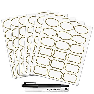 Kitchen Pantry Food Containers Clear Labels with Gold Border, 93 Waterproof Removable Write-on Sticker Labels Tags to Organize Spice Jars Condiment Flour Sugar Canisters Storage Bins, Free 2 Markers