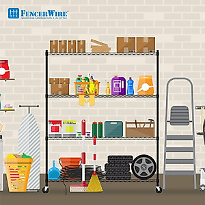 Fencer Wire 4-Tier Commercial Grade Heavy Duty Adjustable Height Wire Shelving w/Casters & Leveling Feet, Garage Shelving Storage Organizer, Storage Metal Steel Shelf, Utility Storage Shelf, Black.