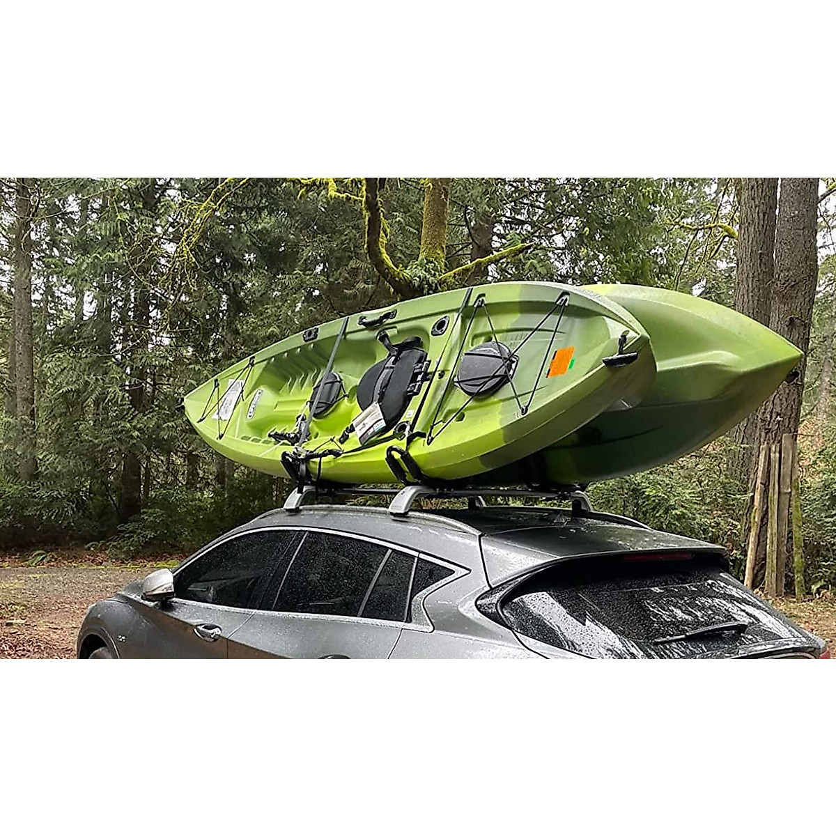 2 Pairs Kayak Rack J-Bar Car Roof Rack for Canoe Carrier SUP Paddle Surfboard Mount on Car SUV and Truck Crossbar， Includes 4 Pcs Roof Rack Tie Down Cam Straps.