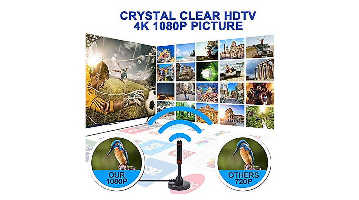 AOHE Indoor HDTV Antenna - Free 4K & HD Channels Up to 120 Miles