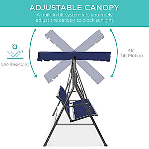 Best Choice Products 2-Seater Outdoor Adjustable Canopy Swing Glider, Patio Loveseat Bench for Deck, Porch w/Armrests, Textilene Fabric, Steel Frame - Navy