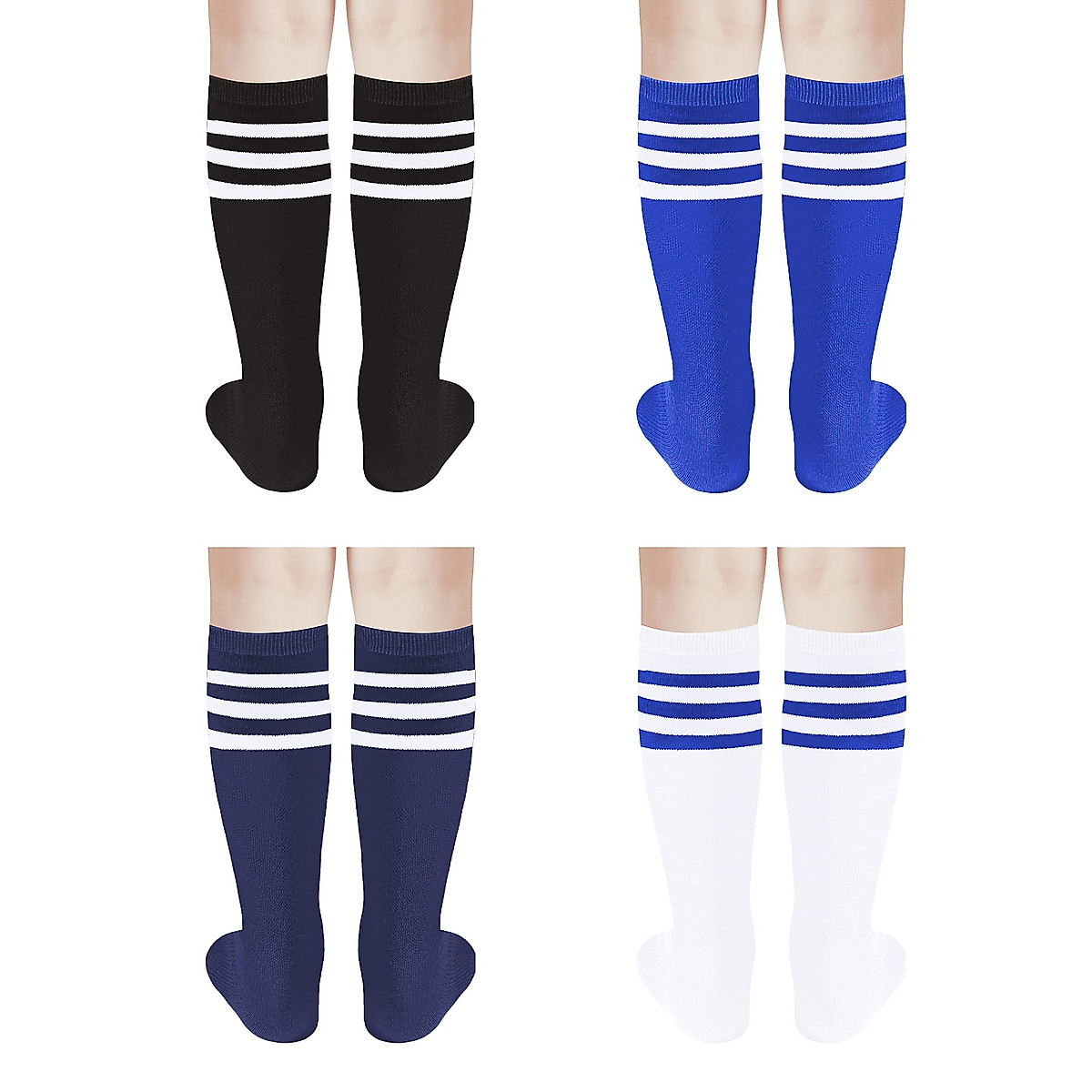 DOOVID Kids Toddler Soccer Socks Girls Boys Knee High Tube Socks Sport Uniform Stockings Black White, Navy, Royal Blue, White Blue