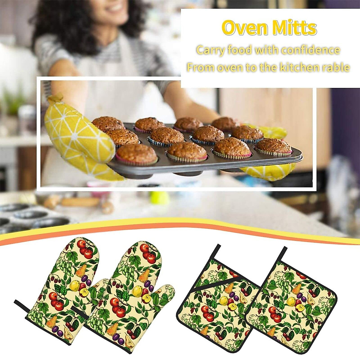 Nice Fruit Flower Oven Mitts and Pot Holders Heat Resistant 4 Pcs Sets Waterproof Non-Slip for BBQ Cooking Baking Grilling