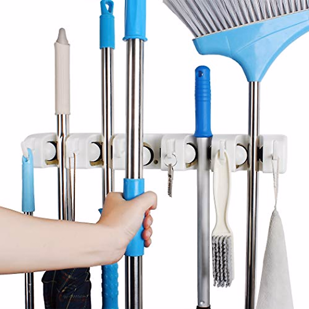 QTJH broom and mop holder wall mounted Storage cleaning Tools Commercial Mop Rack closet organizer tool hanger for Kitchen Garden laundry room and Garage,Handles Up to 1.41-Inches (write, one 5slots)