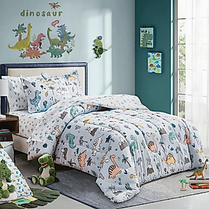 Joyreap 6 Piece Twin Size Bed in a Bag, Colorful Dinosaur on Light Blue, Soft Microfiber Comforter Set for Kids Boys n Girls (1 Comforter, 2 Pillow Shams, 1 Flat Sheet, 1 Fitted Sheet,1 Pillowcase)