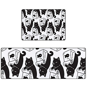Kitchen Rug Sets 2 Piece Anti Fatigue Kitchen Mat Funny Cute Cat Kitten Black White Floor Runner Carpet Dining Room Washable Non Slip Home Sink Laundry Farmhouse Doormat 17"x58" +17"x29"