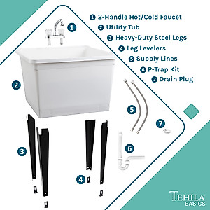 Tehila Basics by JS Jackson Supplies 21-Gallon White Freestanding Utility Sink with Chrome Finish 2-Handle Faucet, Heavy Duty Plastic Laundry Tub with Adjustable Legs