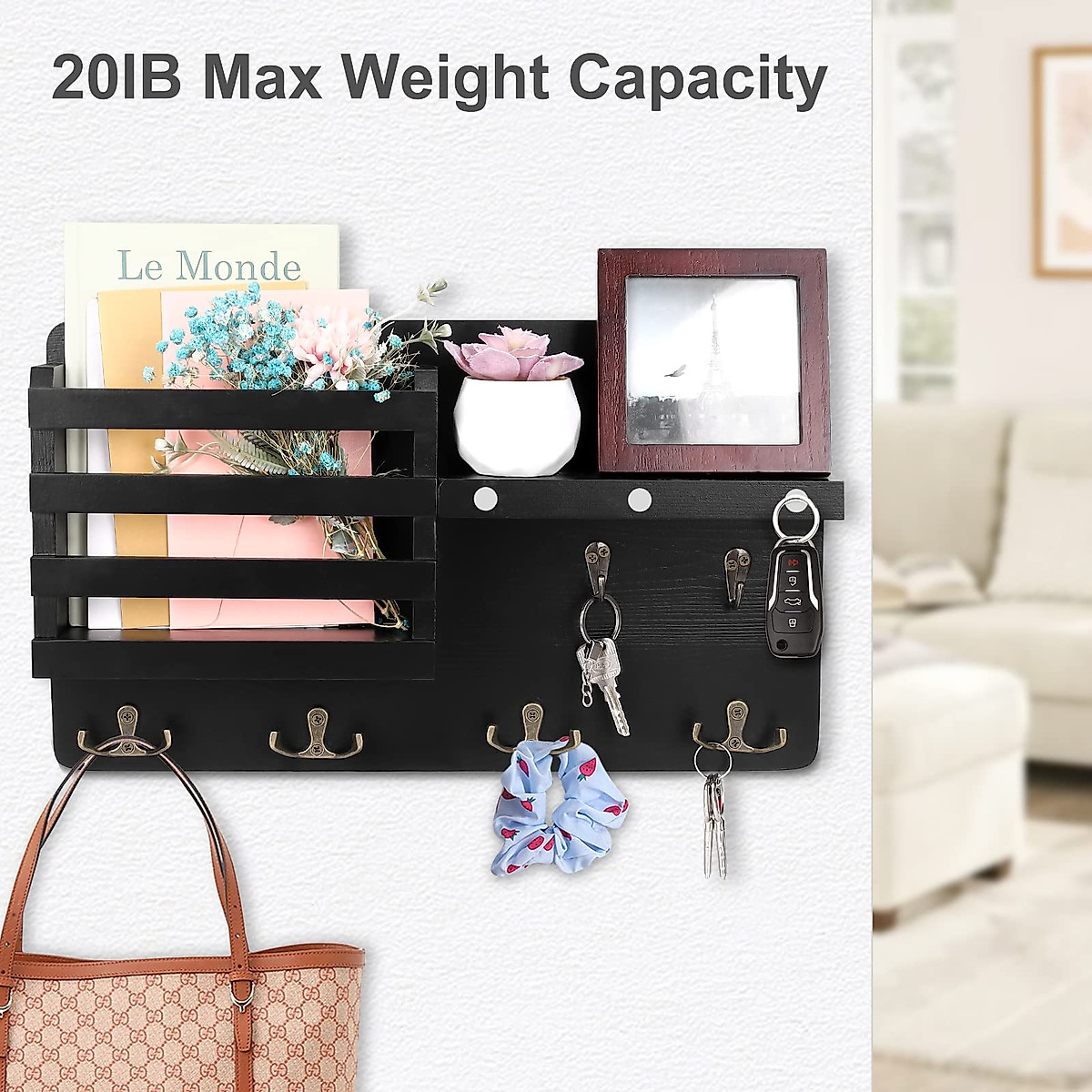 WeBravery Decorative Key Hanging Rack with 10 Hooks – Easy Install Natural Wooden Key and Mail Holder for Wall Mount – Entryway Decor Rack with Shelf (Black)